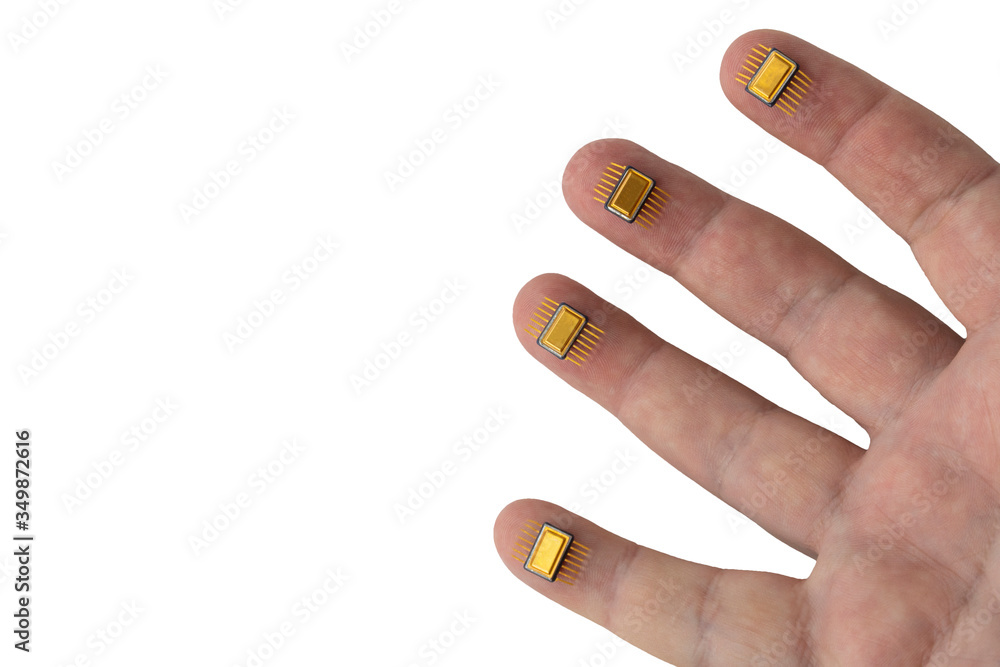 implantation of a chip under the human skin. microchips are connected ...