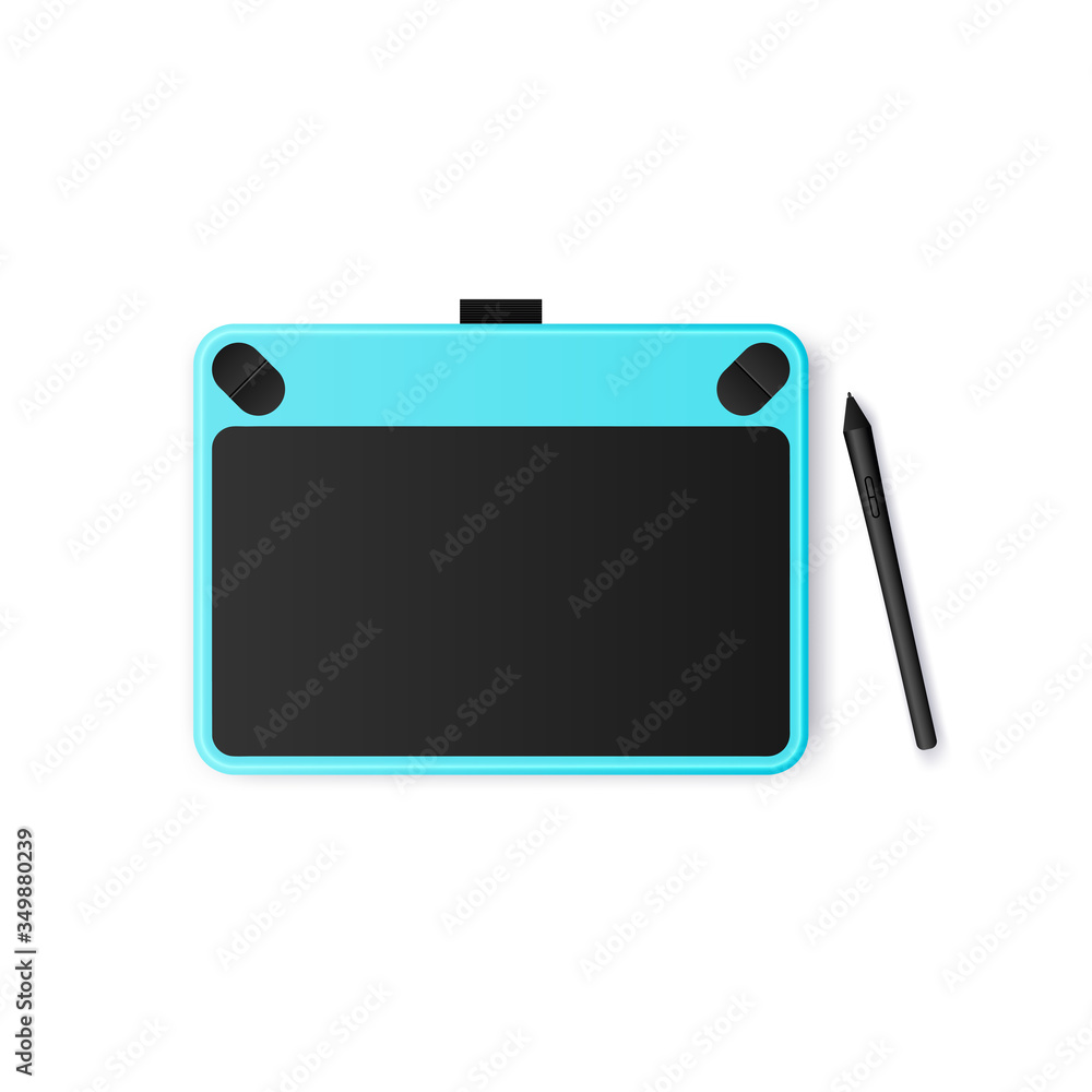 Realistic blue graphic tablet top view isolated on white background. 3d ...