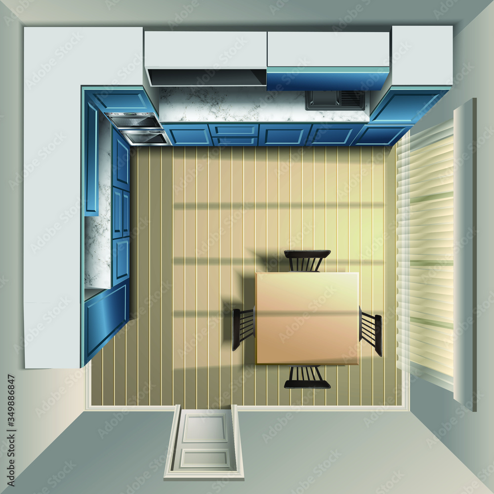 Vector realistic advertisement modern kitchen in top view with big ...