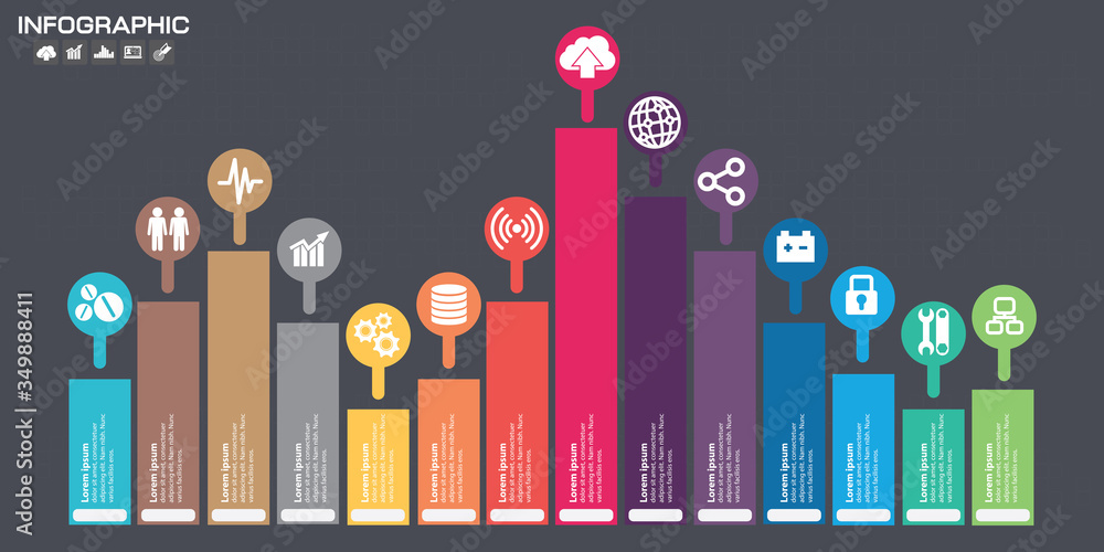 Timeline Infographic chart with many color. Vector design template. 14 ...