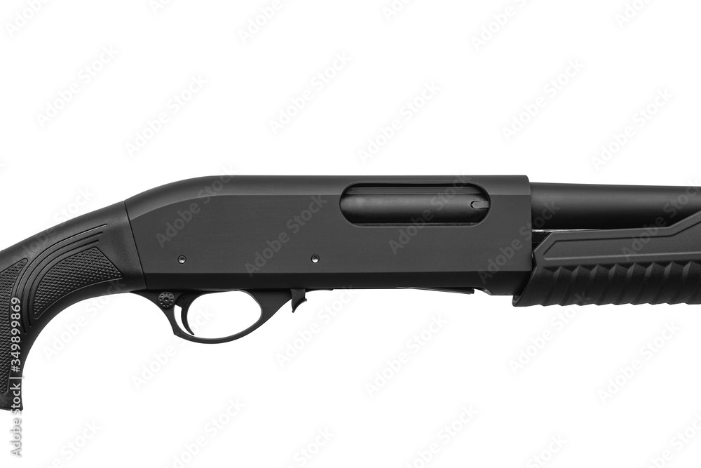 Modern pump-action shotgun with a plastic butt and fore-end isolate on ...