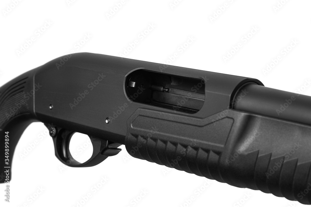 Modern pump-action shotgun with a plastic butt and fore-end isolate on ...