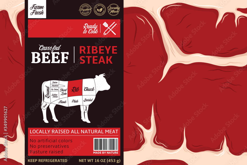 Vector beef label design. Bull icon. Meat beefsteak background ...