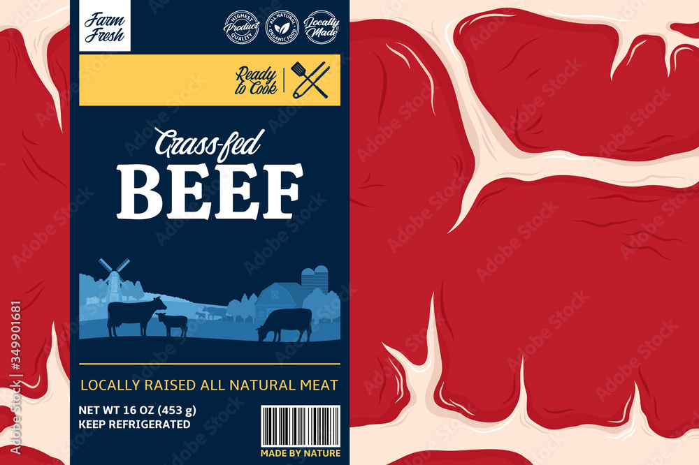 Vector beef label design with rural landscape, cows, calves and farm ...