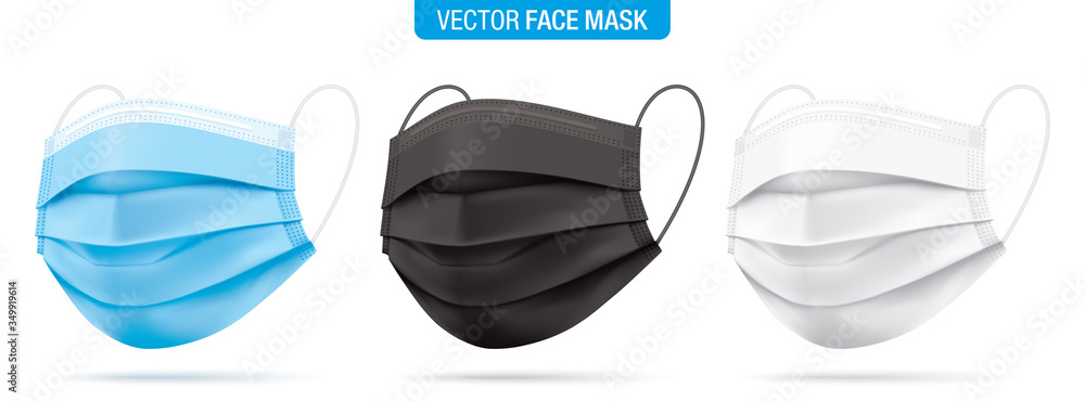 Vector set of surgical face masks in blue, black and white colors ...