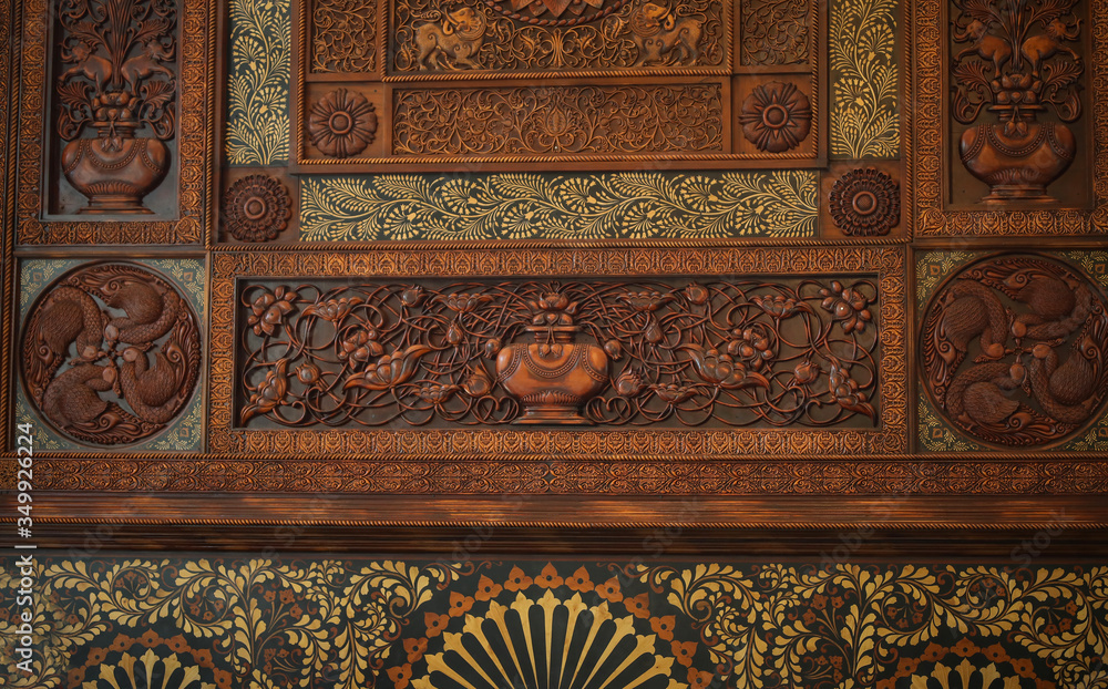 Wooden wall decoration with traditional Sri Lankan wood carving styles ...