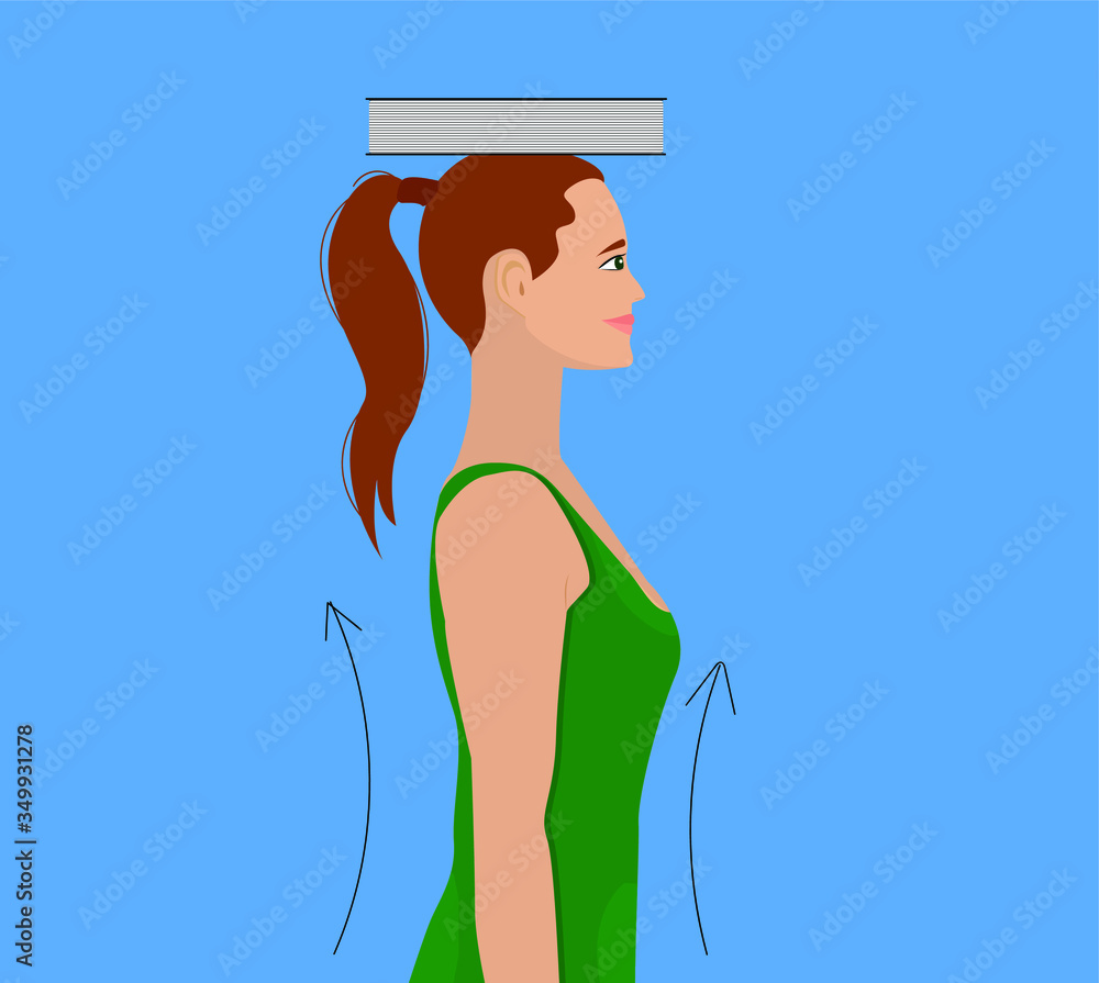 Girl supporting posture with a book on her head. Flat illustration for ...