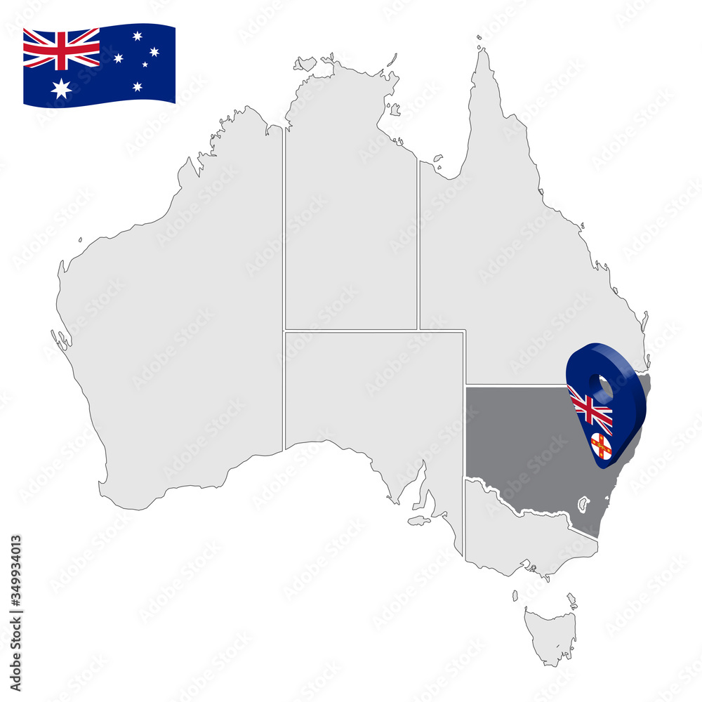 Location of New South Wales on map Australia. 3d New South Wales flag ...