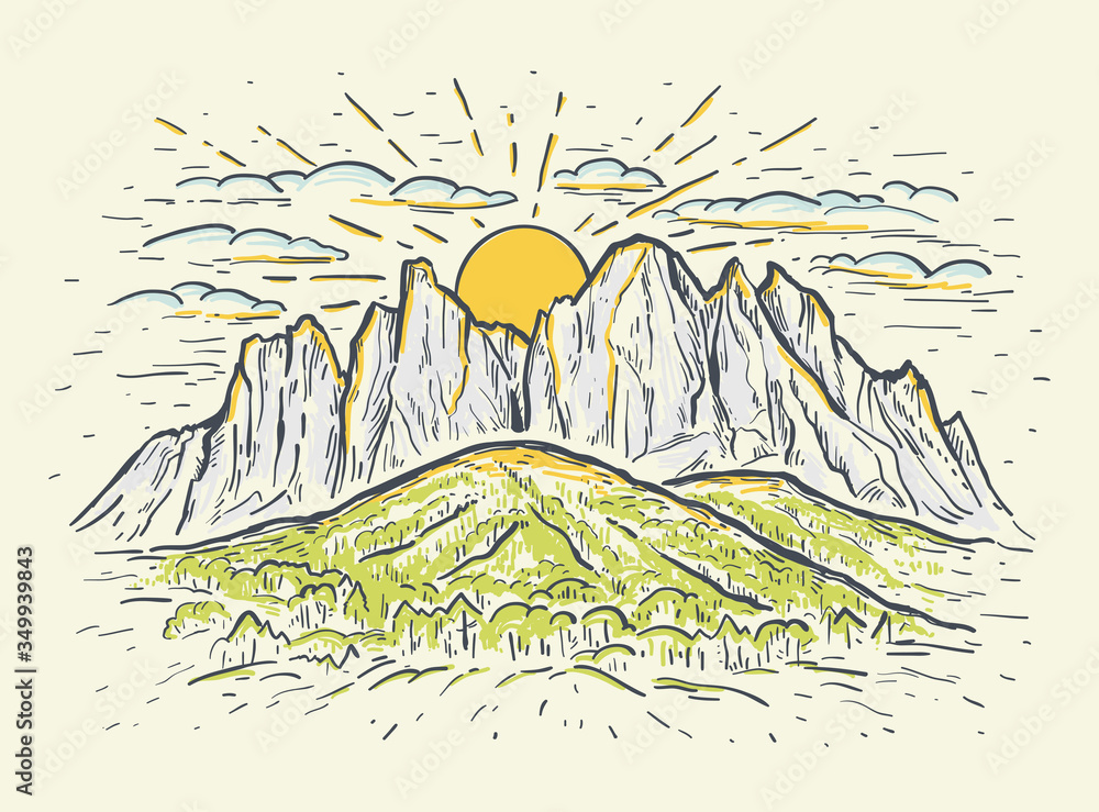 Mountains Sunrise Drawing