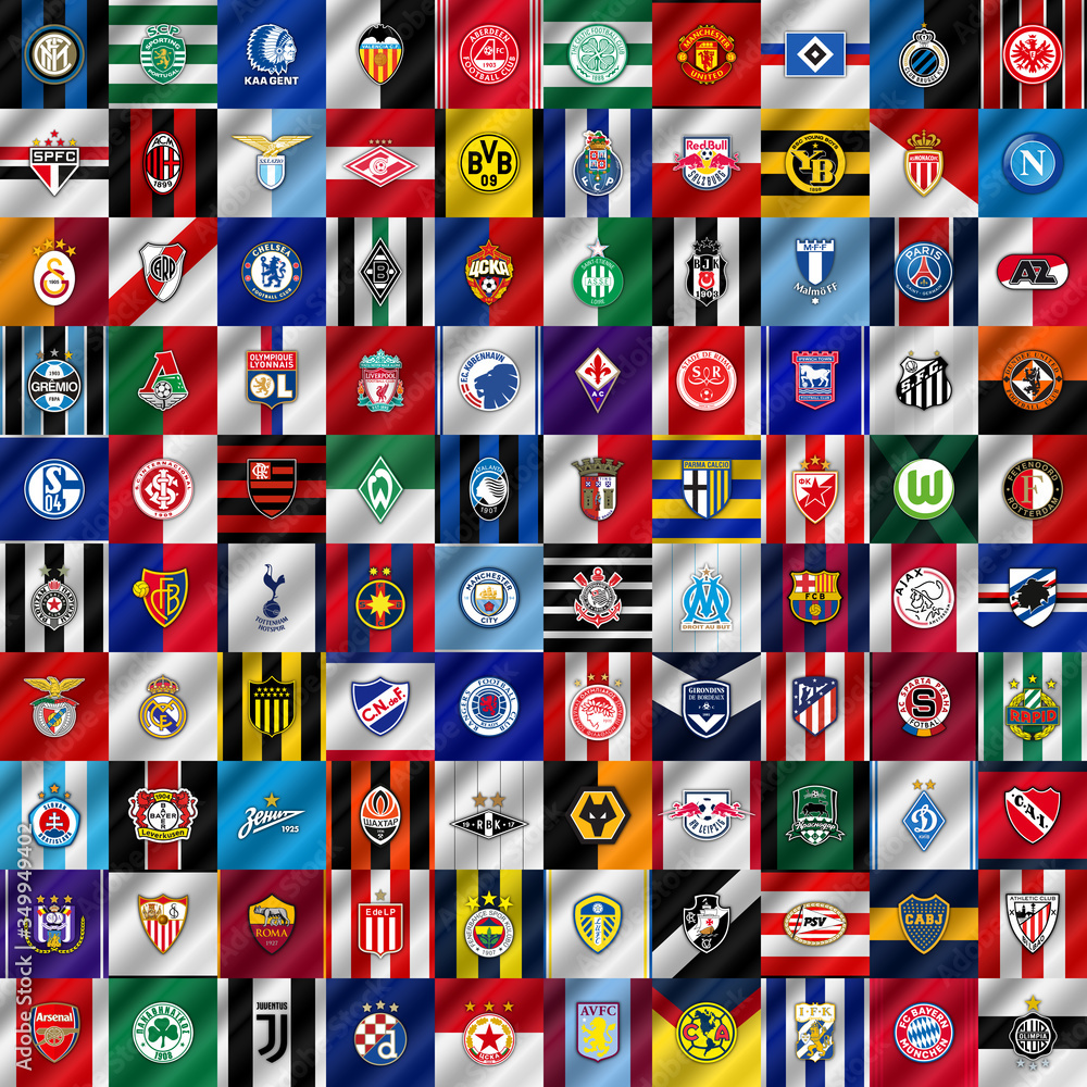 Vector illustrated set of 100 world's best football club's emblems ...