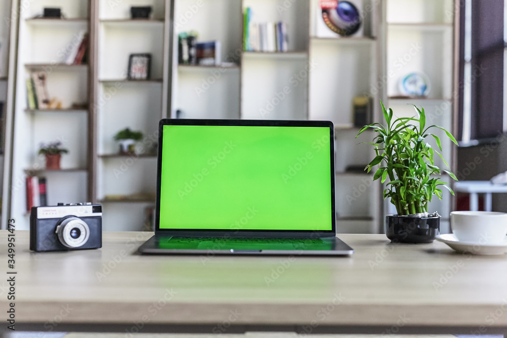 Laptop with mock-up green screen white background in office and Lovely ...