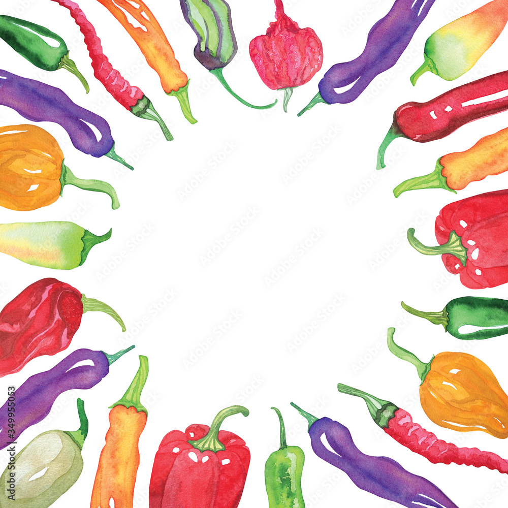 Watercolor frame with peppers on a white background. Frame with ...