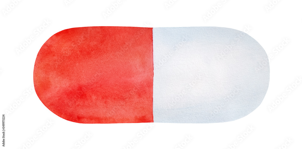 Water color illustration of bright red and white capsule pill. One ...