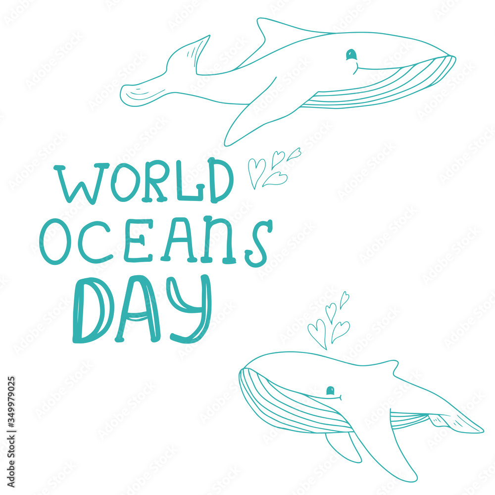 World oceans day hand drawn lettering text isolated. Two whales. Design ...