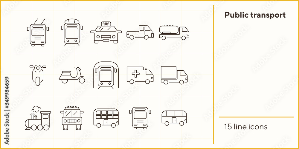 Public transport line icon set. Tram, trolley, taxi, subway, bus ...