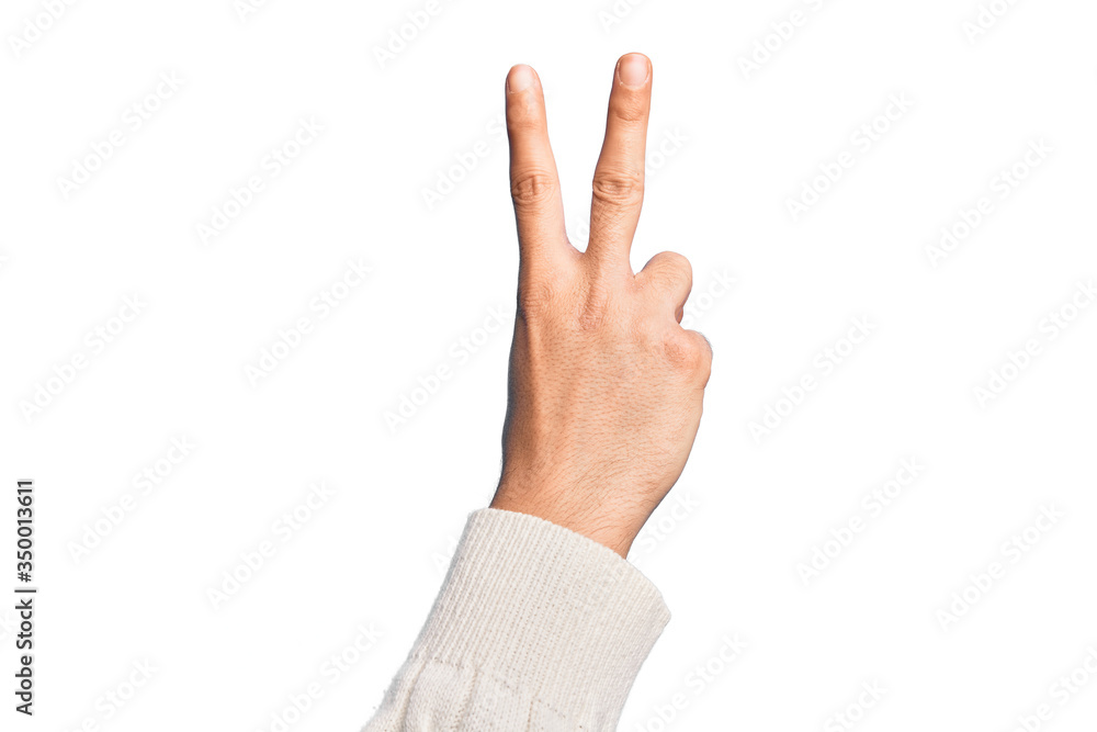 Hand of caucasian young man showing fingers over isolated white ...
