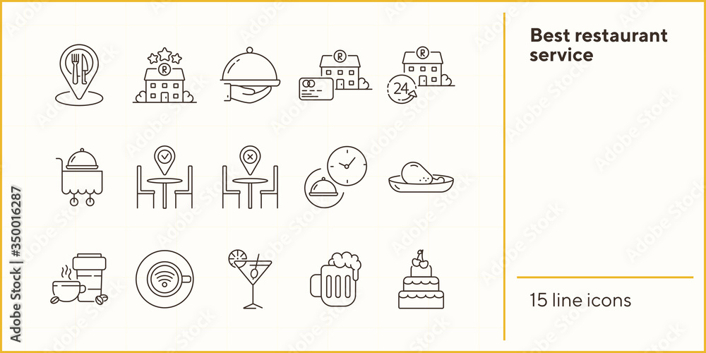 Best restaurant service line icon set. Dish or cart, location pointer ...