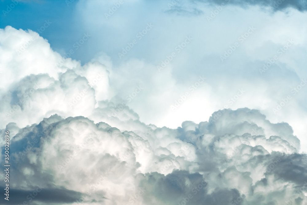 Dark huge thundercloud in sky. Hurricane inclement weather. Stormy cloudscape. Swarm of rain ...