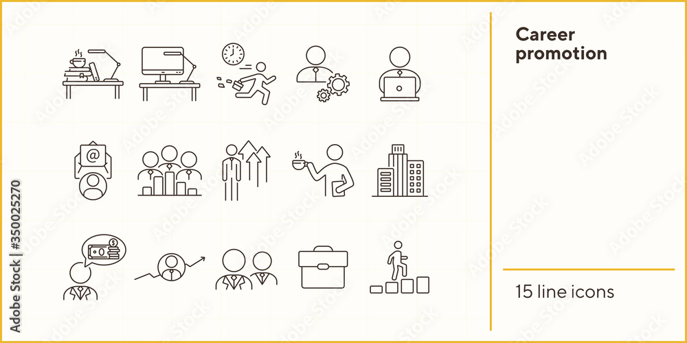 Career promotion line icon set. Employee, workplace, office building ...