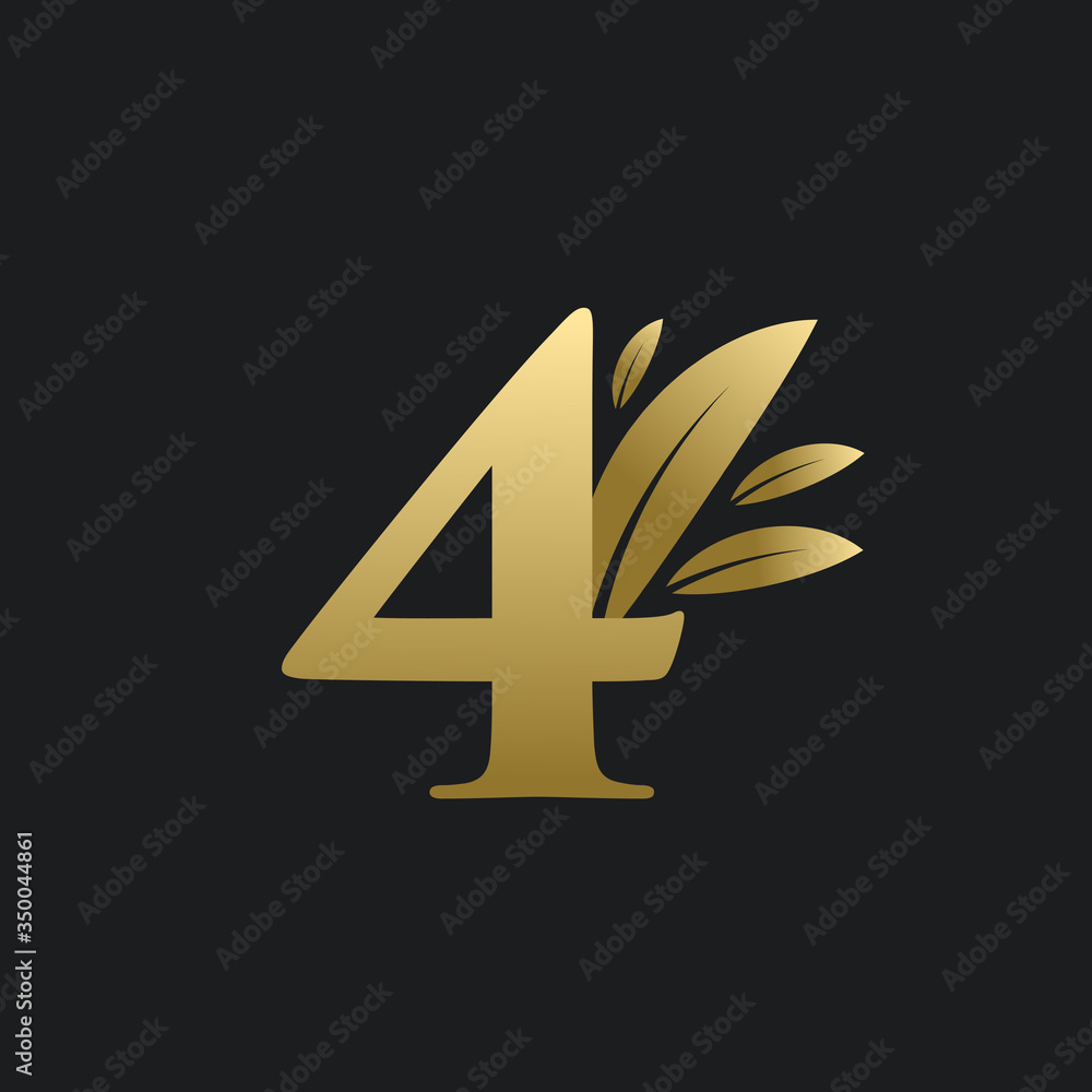 Golden Number Four logo with gold leaves. Natural number 4 logo with ...