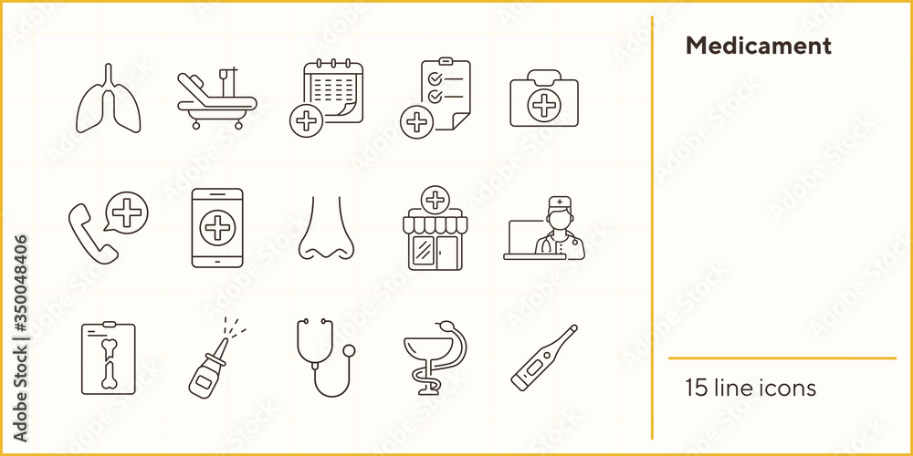 Medicament icons. Set of line icons. Drugstore, ambulance call, medical ...