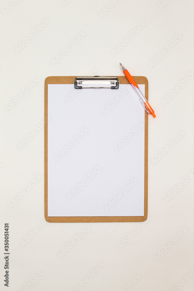 Clip board, ball pen and paper isolated on white background. Blank ...