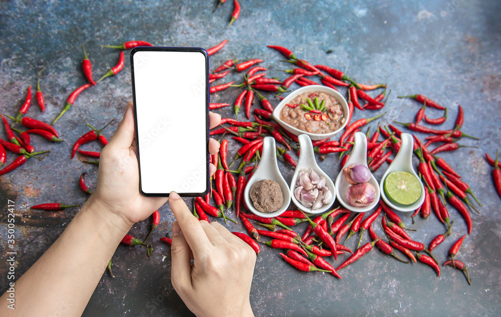 Hand holding smartphone isolated white screen over beautiful food ...