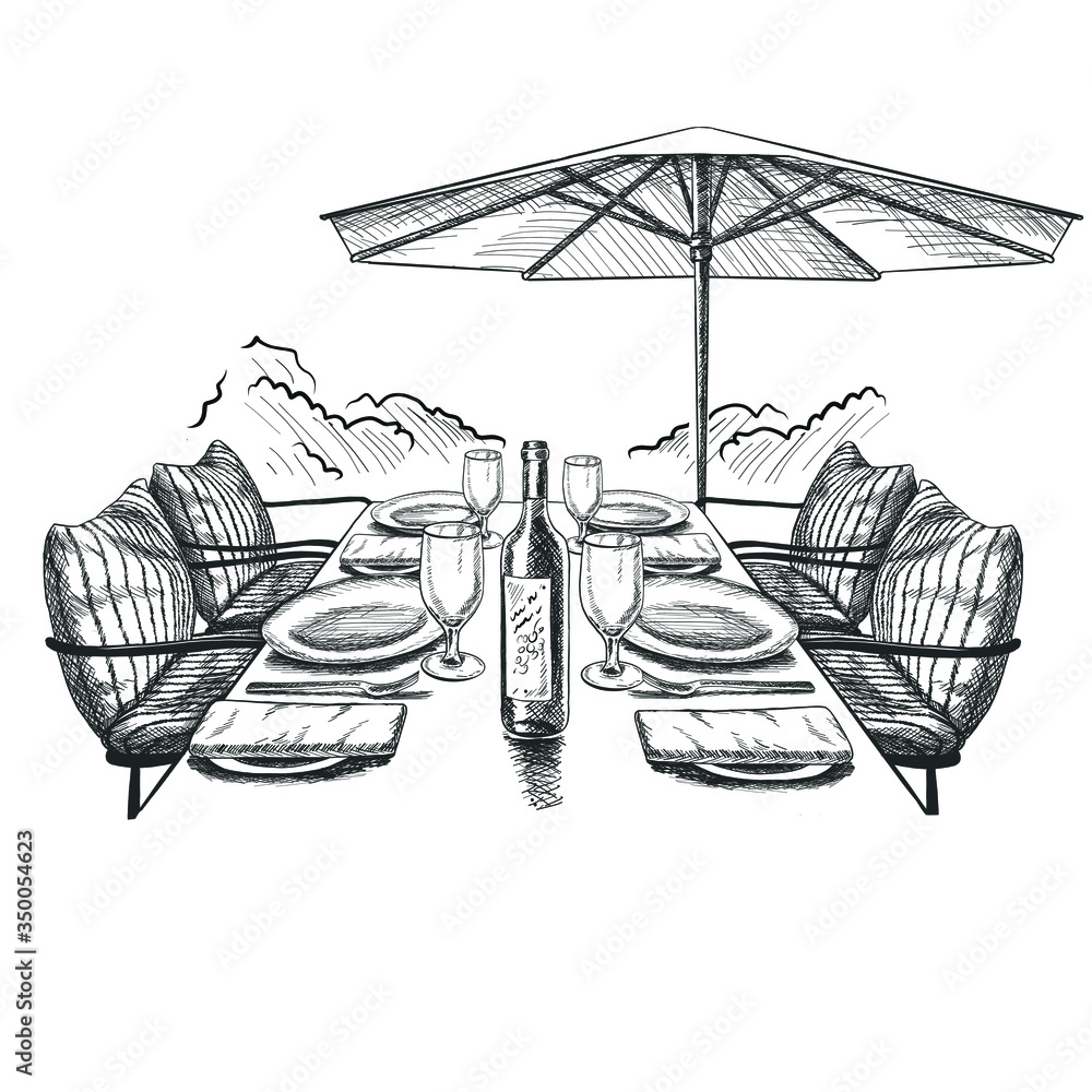 Vector illustration of hand drawn dinner table in the outdoor cafe with ...