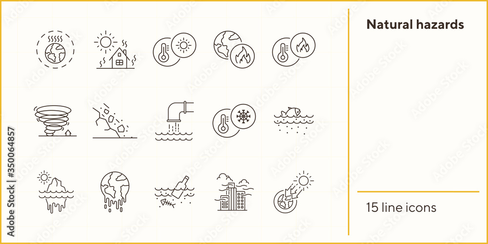 Natural hazards icons. Set of line icons. Liquid wastes, melting planet ...