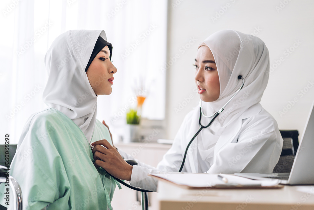 Muslim asian woman doctor service help support discussing and ...