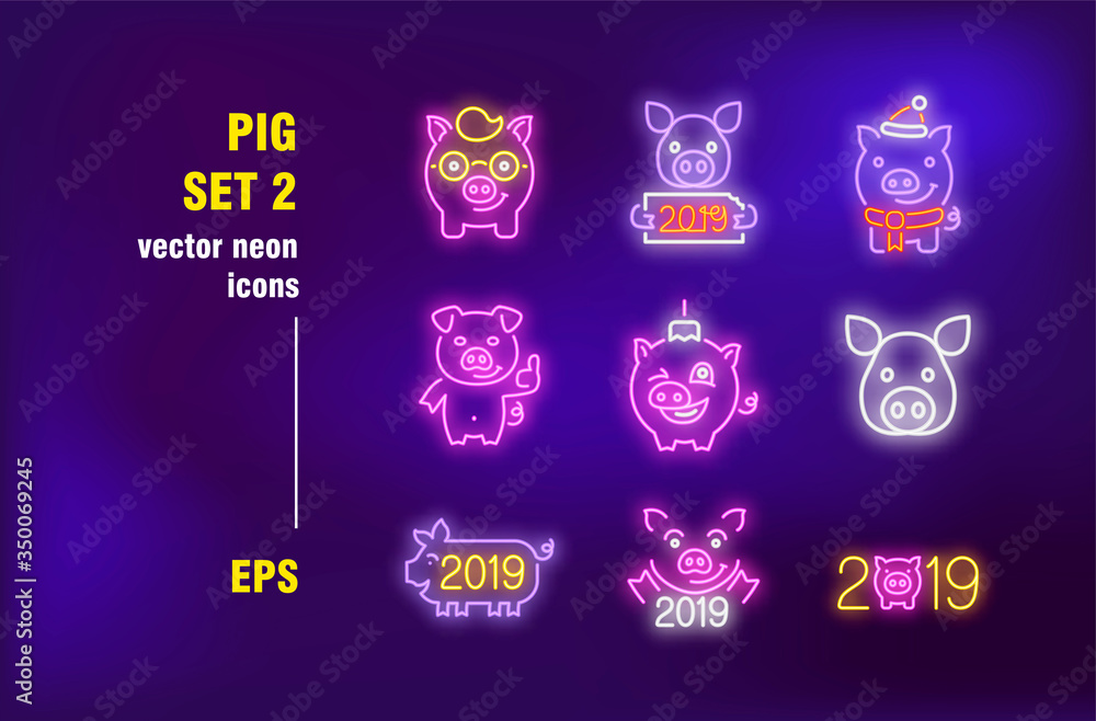 Pig neon signs collection. Illuminated Boar, hog and pork. Vector ...