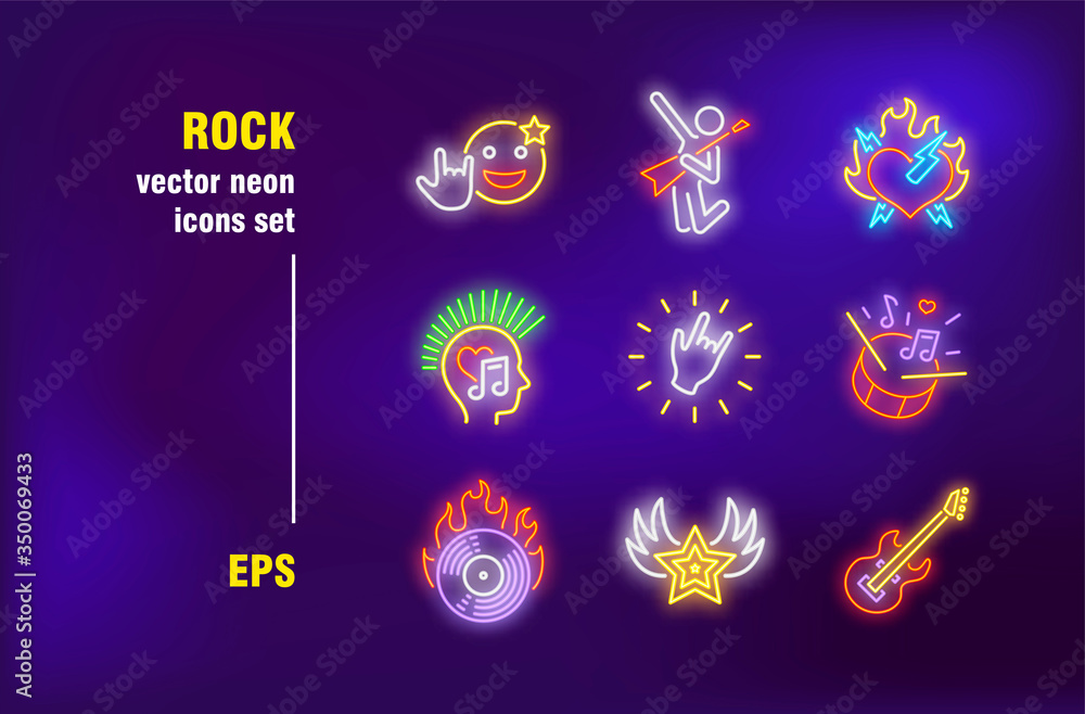 Rock neon signs set. Music, guitar and rocker. Vector illustrations for ...