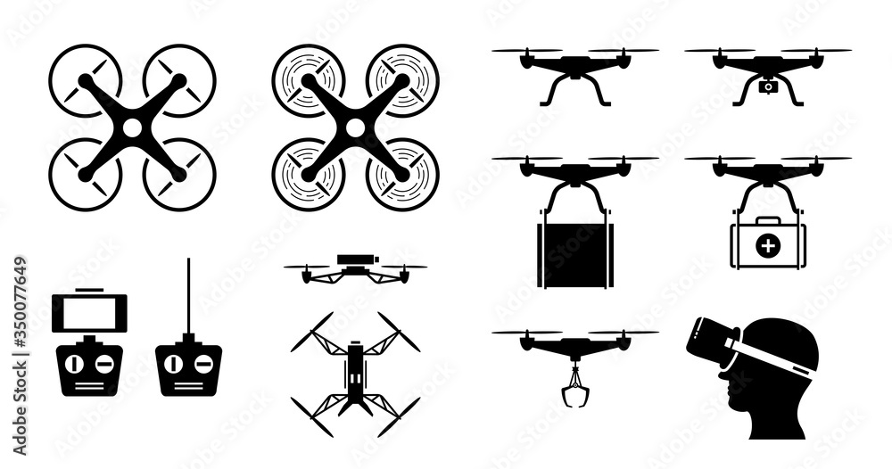Drone icon set with gadget and accessories. Vector icons of drones in ...