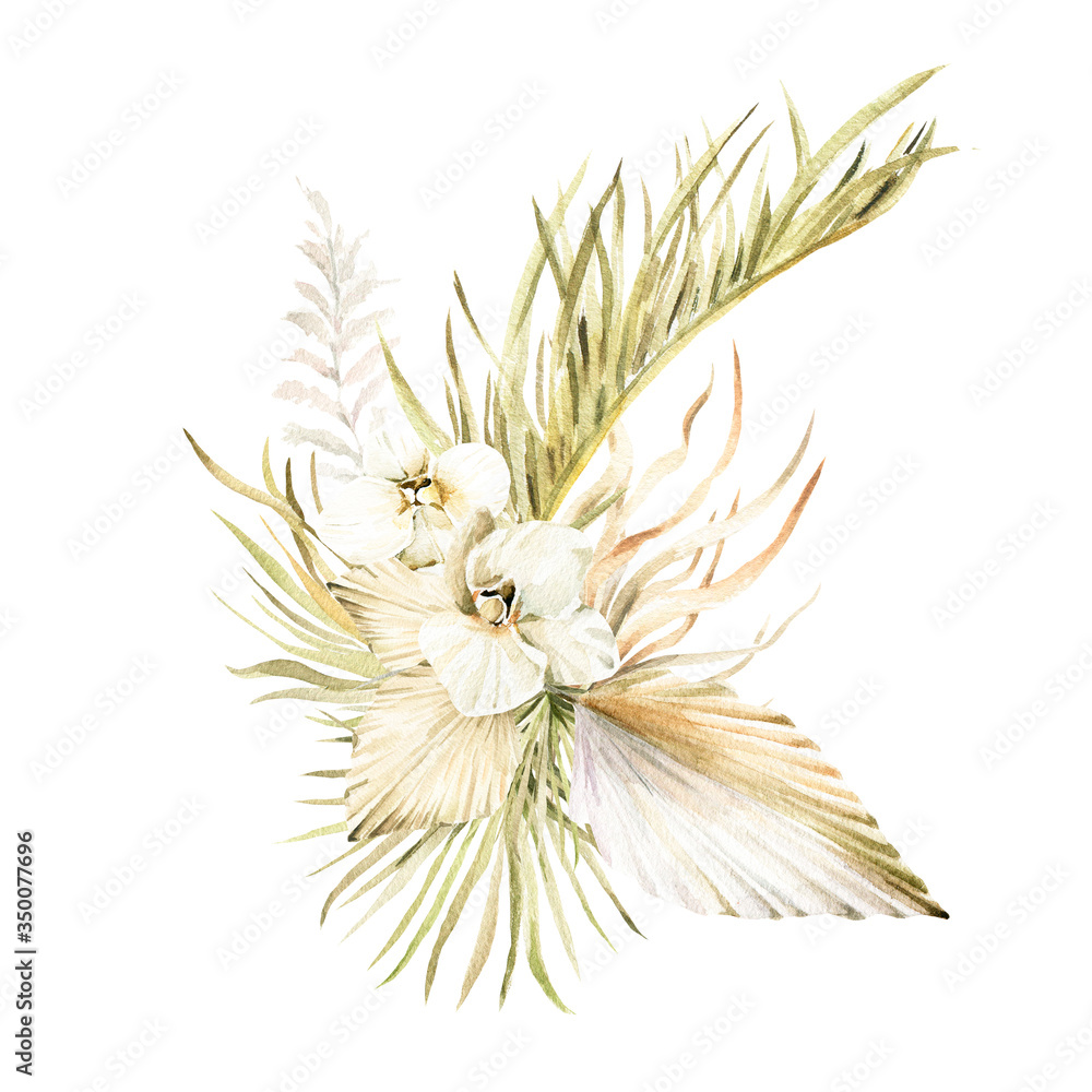 Watercolor boho bouquet with hand painted tropical wild flowers of ...