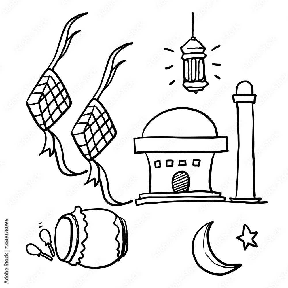 hand drawn doodle eid illustration celebration, islamic symbol ...