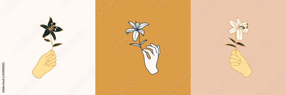 Set of Female Hand logos in a minimalist linear style. Vector emblems ...