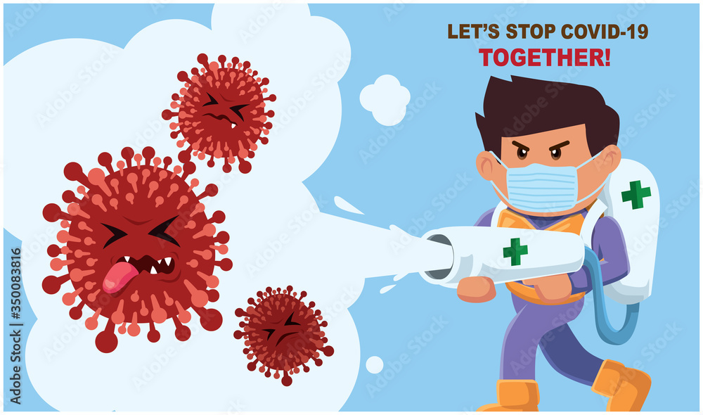 Vector cartoon hero character fighting with virus. COVID-19 Novel ...