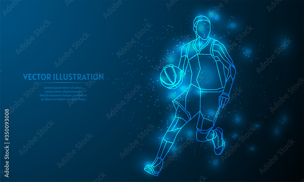 Glowing basketball on blue abstract background. low poly basketball ...