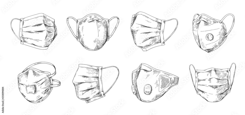 Medical mask. Hand drawn respiratory breathing masks and face ...