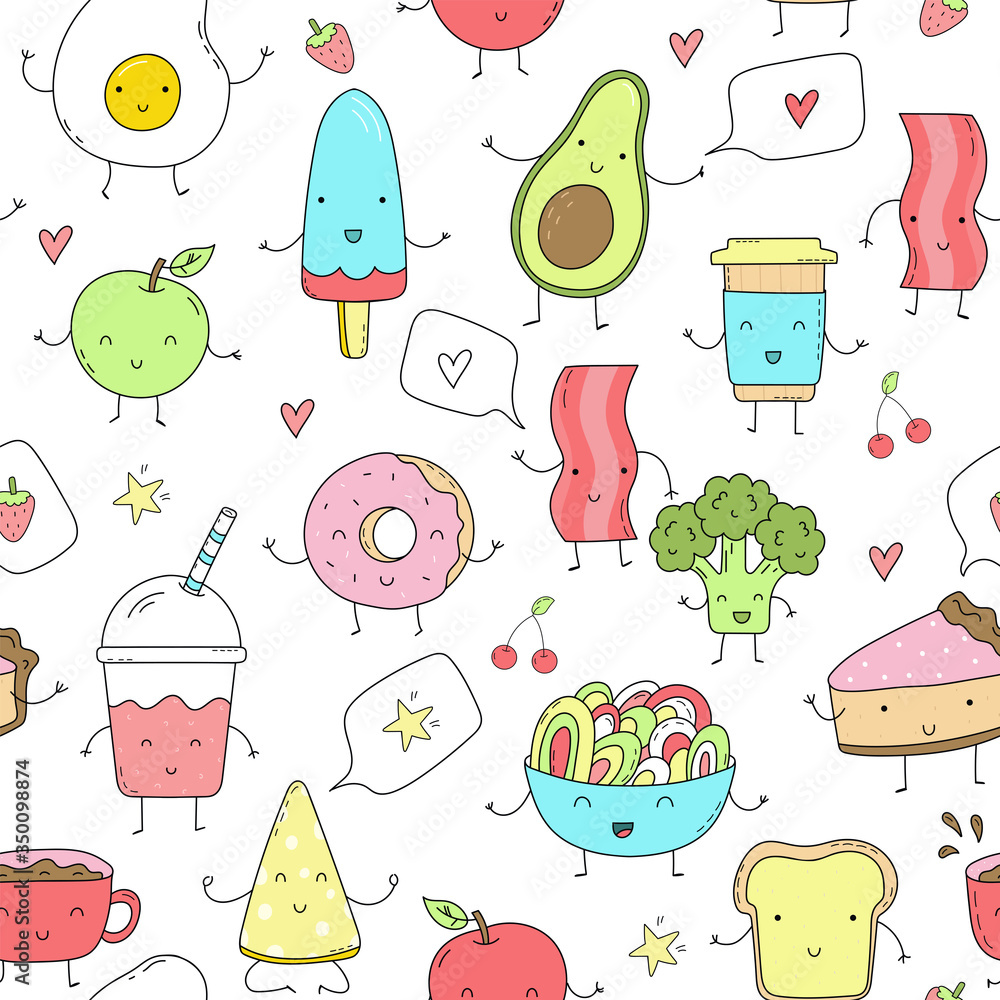 Cute hand drawn set with Funny Cartoon food. Vector kawaii food ...