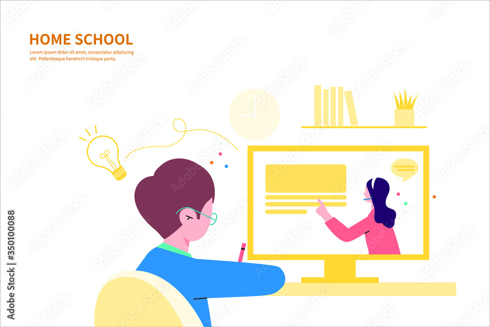 Home school education or online education. A Kid seats at table and ...