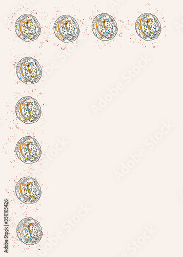 Border with Swedish cinnamon rolls sketch with blue and yellow pearl ...