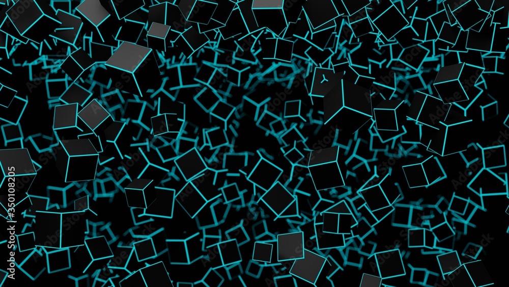 Neon light cube Block Network futuristic flying into digital ...