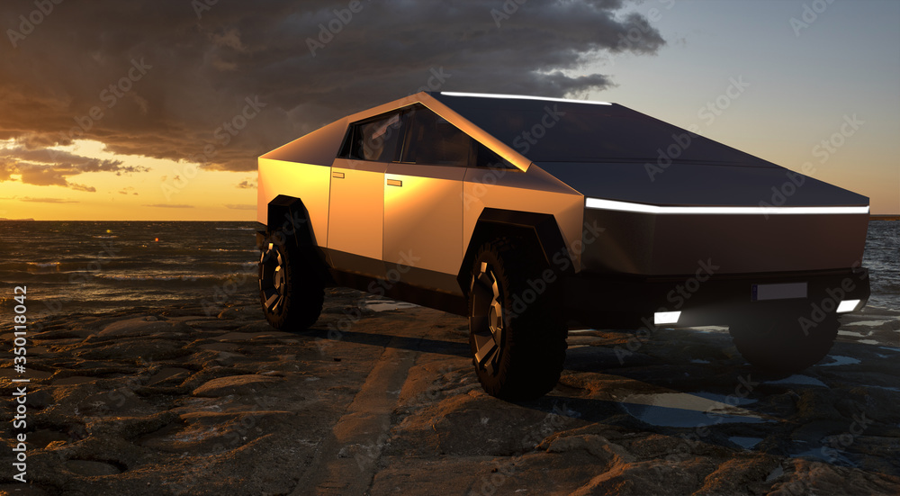 Tesla Cybertruck blended into a seaside landscape during a dramatic ...