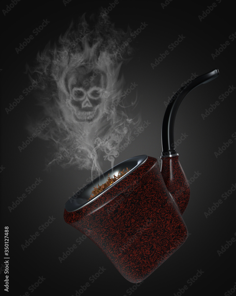 Skull shaped smoke comes out of the vintage pipe on black background ...