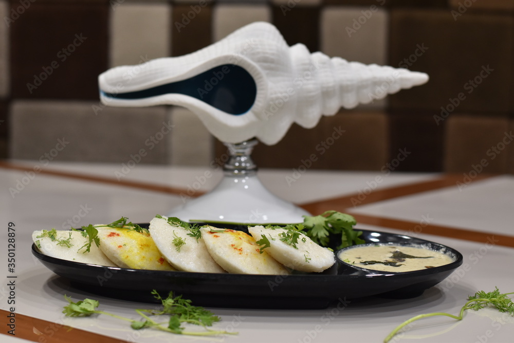 south indian idli dish, with chopped corianders on top and chutney ...