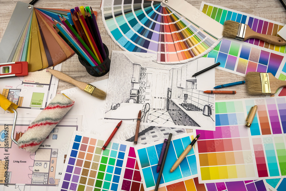 architect work - drawing sketch plans blueprints with color palette for ...