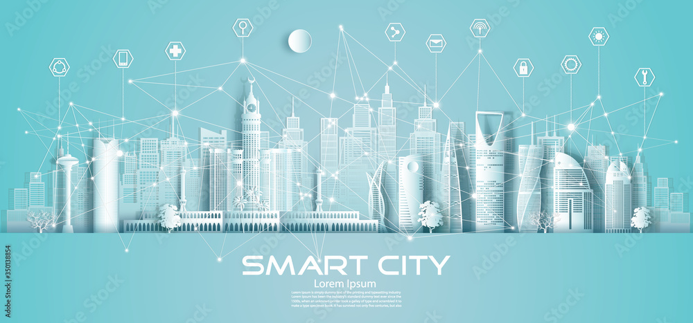 Technology wireless network communication smart city and icon with ...