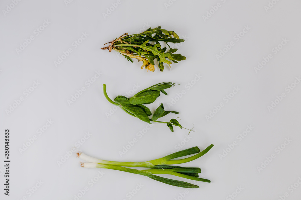 Green rocket, pea shoots and scallions on a pastel white background in ...