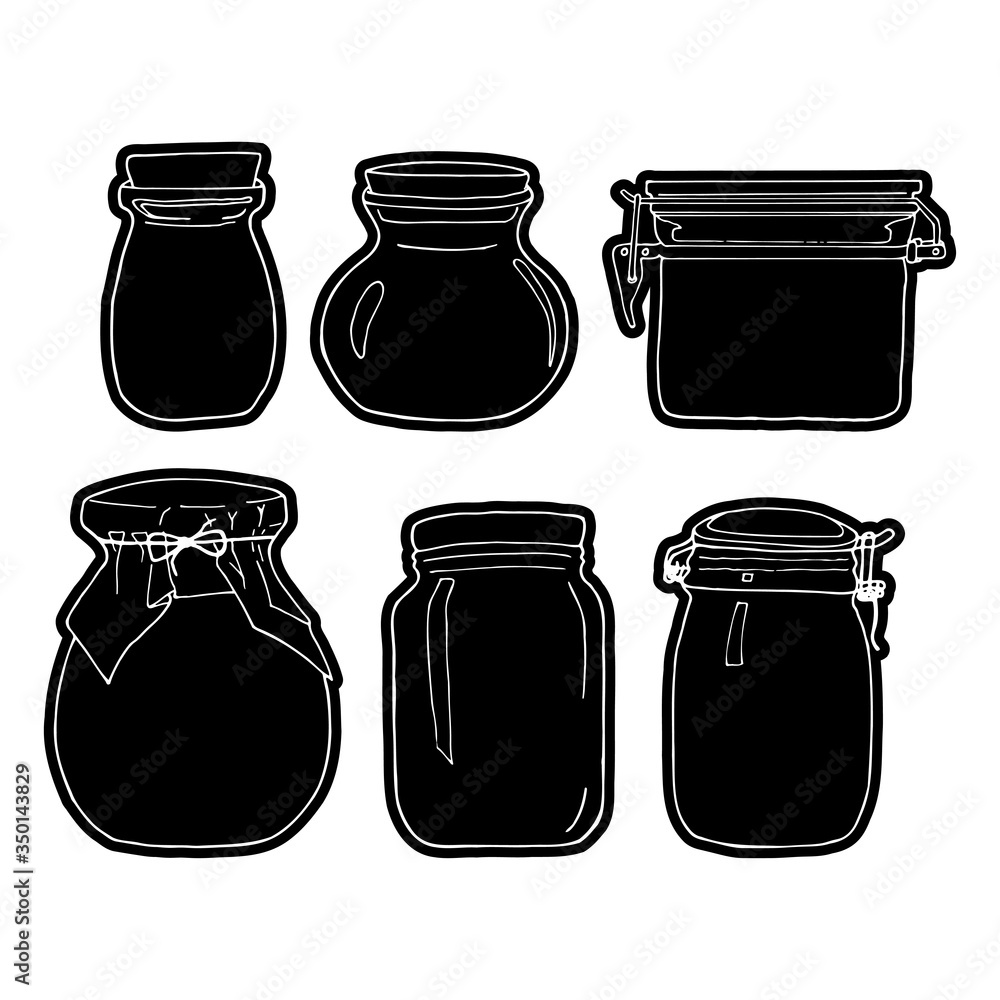 White hand drawn jar sticker set. Contour sketch. Cartoon kitchen ...